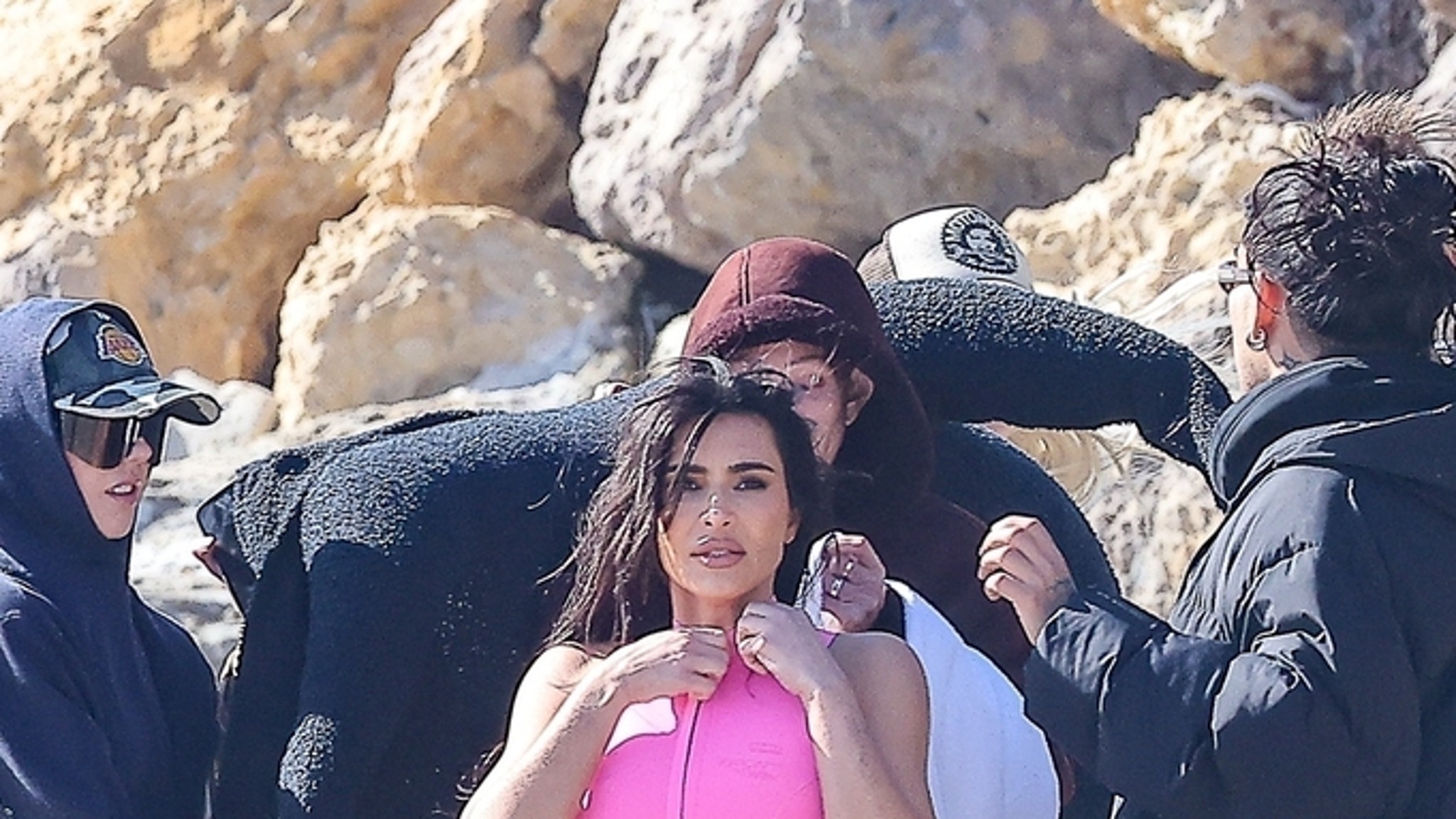 Kim Kardashian Wears Pink Bikini For Beach Photoshoot